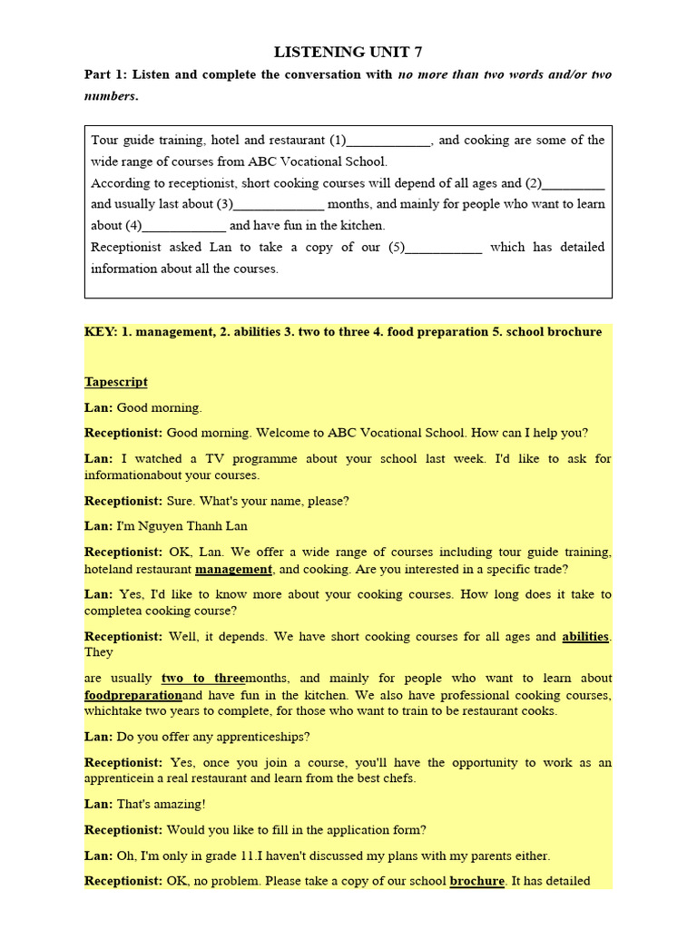 Listening Unit 7 - GV | PDF | Career & Growth