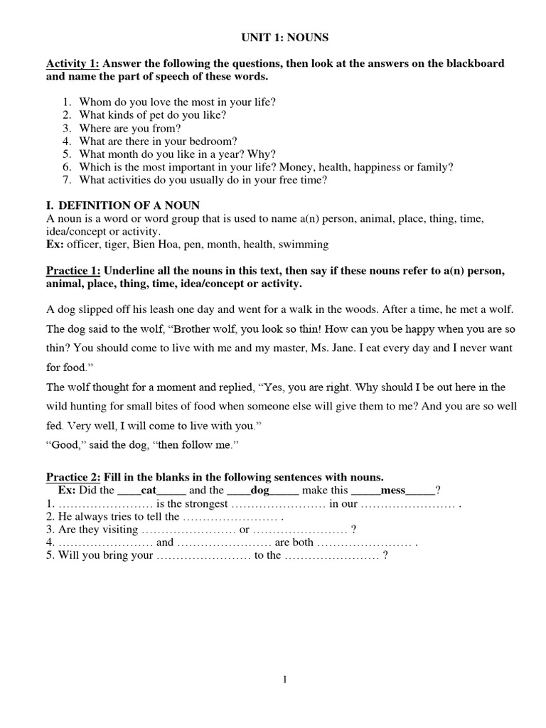 Handout - Unit 1-Nouns - Week 1-3 | PDF