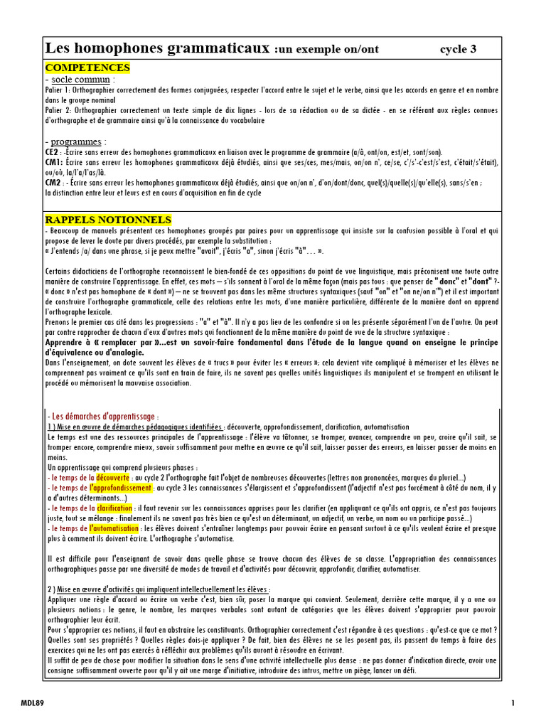 Homophones "on/ont" en cycle 3 | PDF | Arts du langage et discipline
