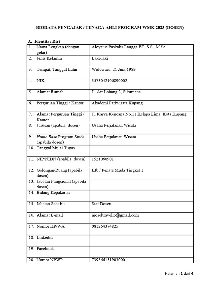 Biodata Pengajar atau Tenaga Ahli Program WMK 2023 | PDF