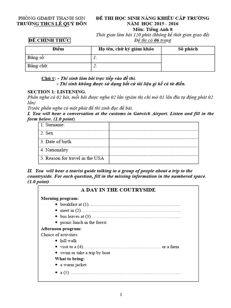 De Thi HSG Tieng Anh 8 | PDF | Clothing