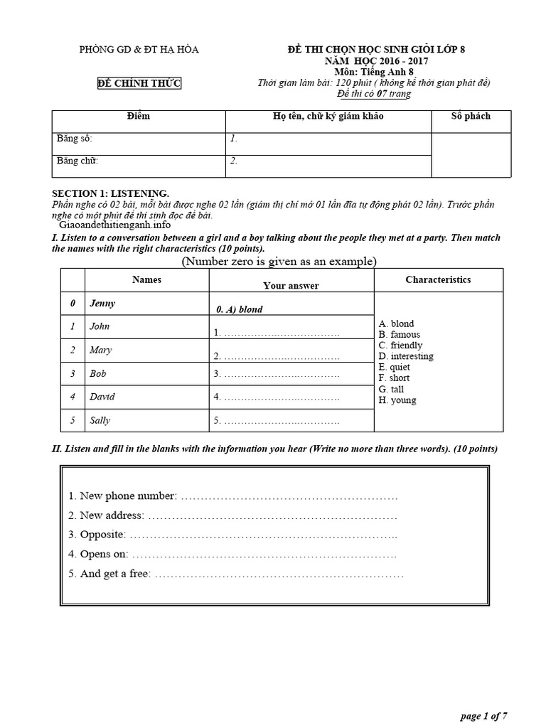 De Thi HSG Tieng Anh 8 | PDF