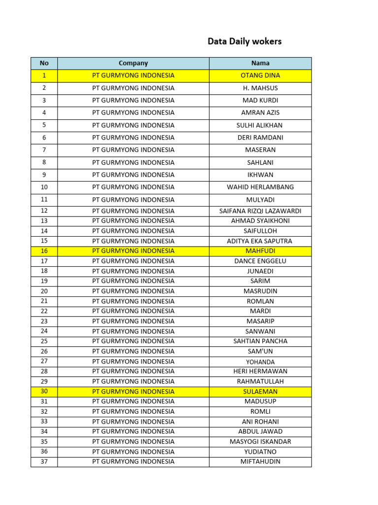Data Daily Worker Os Company Karyawan Aktif GM | PDF