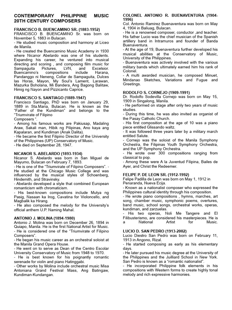 Filipino Music Composers Guide | PDF | Performing Arts | Classical Music