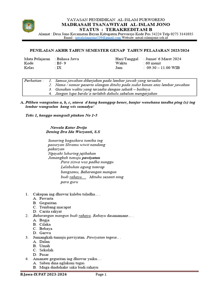 PAT 2024 B JAWA 9 MTS Jono | PDF