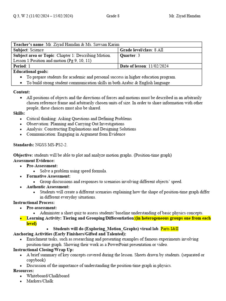 G8-Sci-LP-Q3-W2-CH1-Lesson 1-Position and motion | PDF | Critical ...