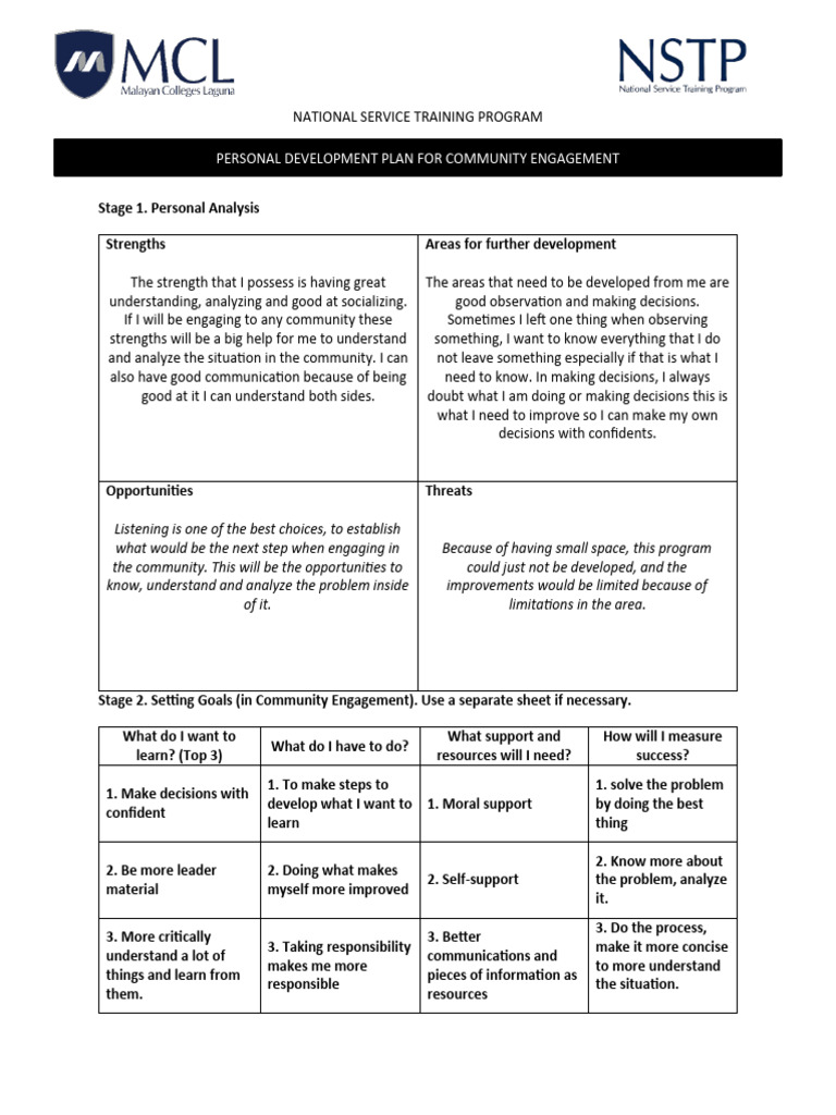 Community Engagement Personal Development Plan | PDF | Decision Making ...