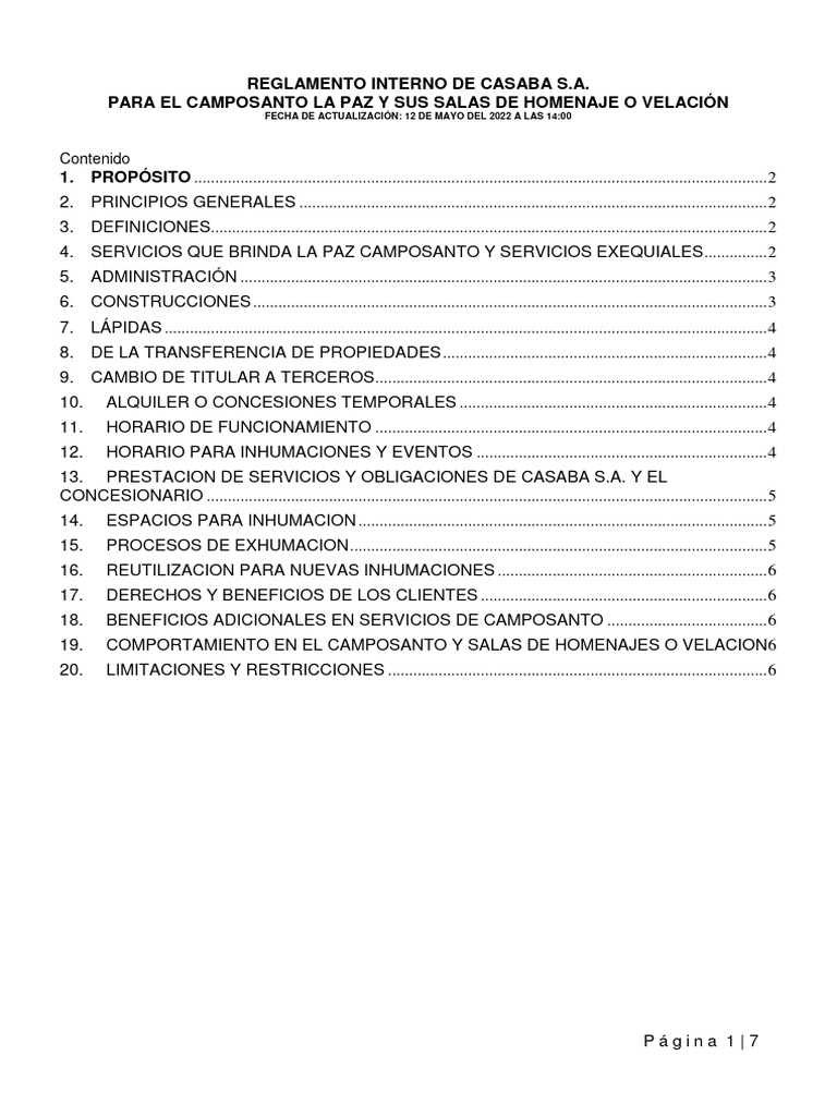 Reglamento Interno de Uso General Casaba | PDF | Cremación | Costumbres ...