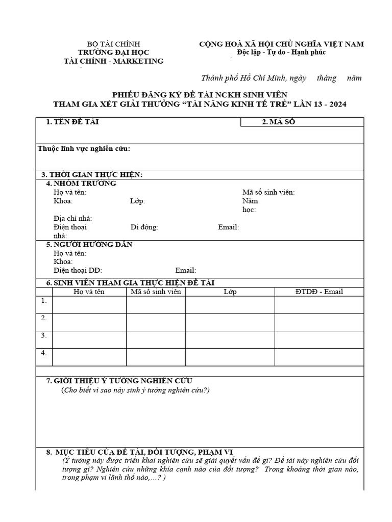 Mau Phieu DKDT NCKH SV | PDF