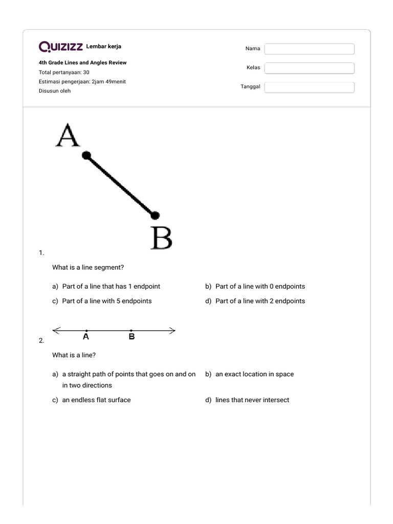 4th Grade Lines and Angles Review - Quizizz | PDF