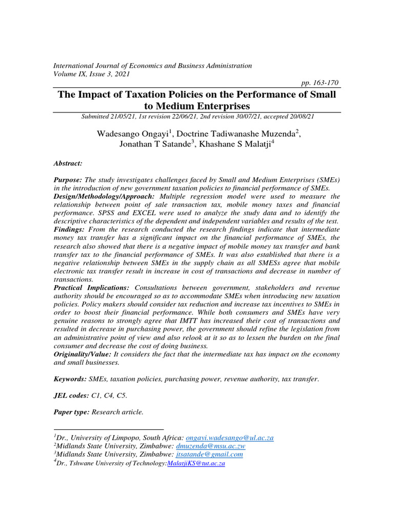 World AFRICA21 The Impact of Taxation Policies On The Performance of Small To Medium Enterprises ...