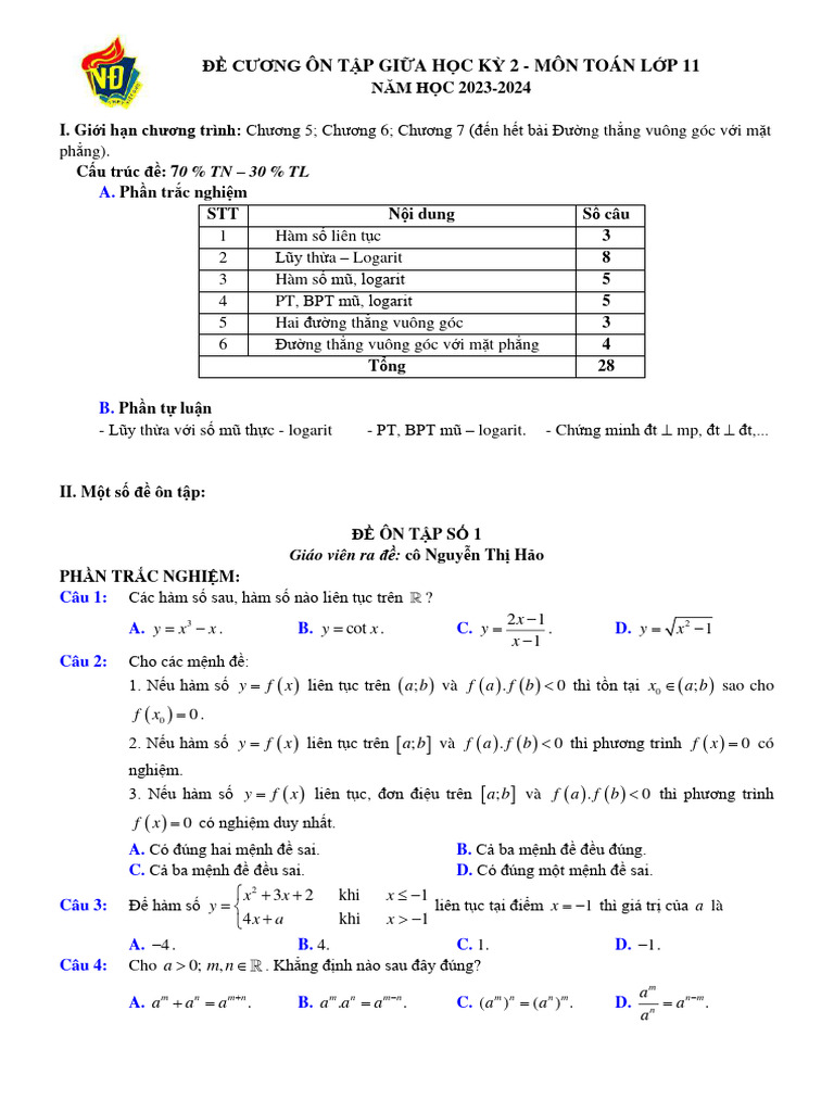 03 de On Tap Giua Ki 2 Toan 11 Nam 2023 2024 Truong THPT Viet Duc Ha Noi | PDF
