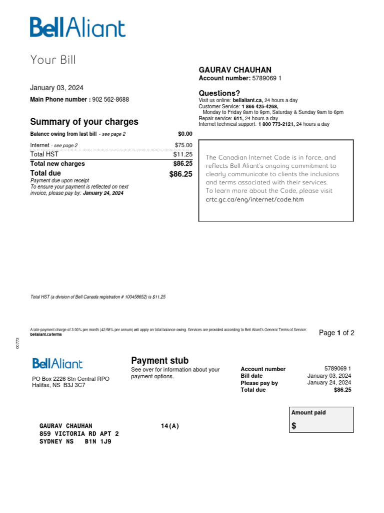 Bell Aliant January 2024 Bill Summary | PDF
