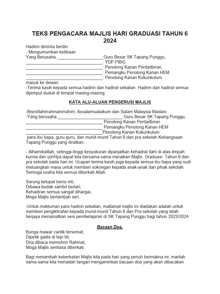 Teks Pengacara Majlis Hari Graduasi Tahun 6 2024 | PDF