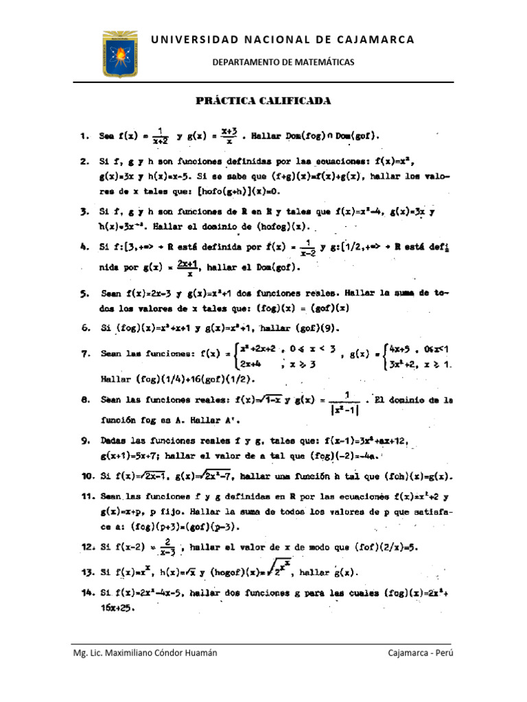 Tarea - Práctica Calificada de Algebra de Funciones y Composición de Funciones | PDF