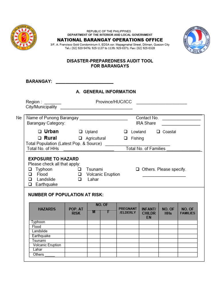 Barangay Disaster Preparedness Audit Tool | PDF | Emergency Evacuation ...