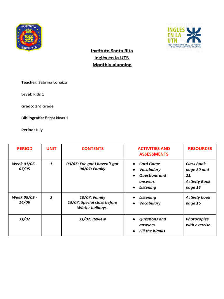 July English Planning for Kids 1 | PDF