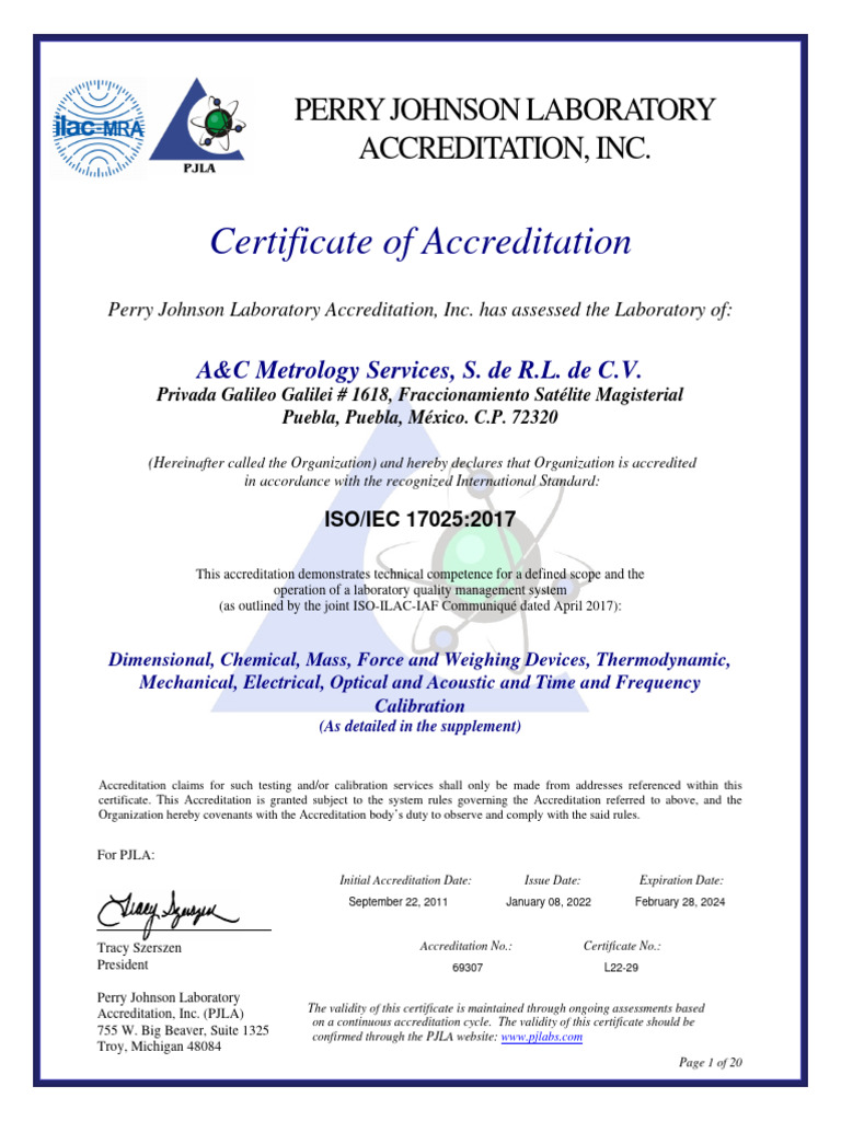 Certificate of Accreditation: Perry Johnson Laboratory Accreditation ...