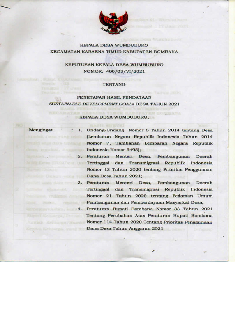 SK Penetapan Hasil Pendataan SDGs Tahun 2021 Wumbuburo | PDF