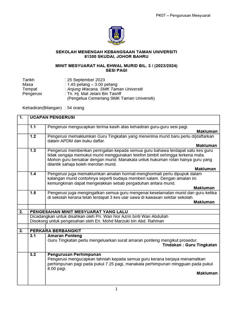 Minit Mesyuarat Hem Bil 3 2023 2024 (Sesi Pagi) | PDF