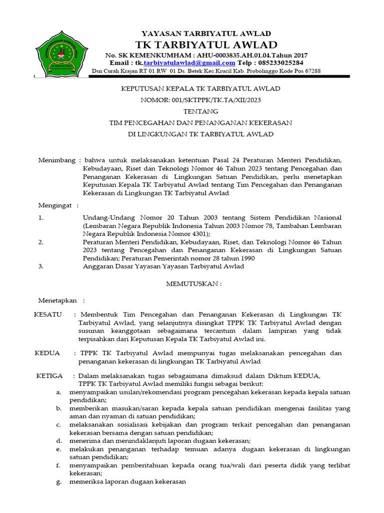 Lampiran 2 - Contoh SK Kepala Satuan Pendidikan Pembentukan TPPK | PDF