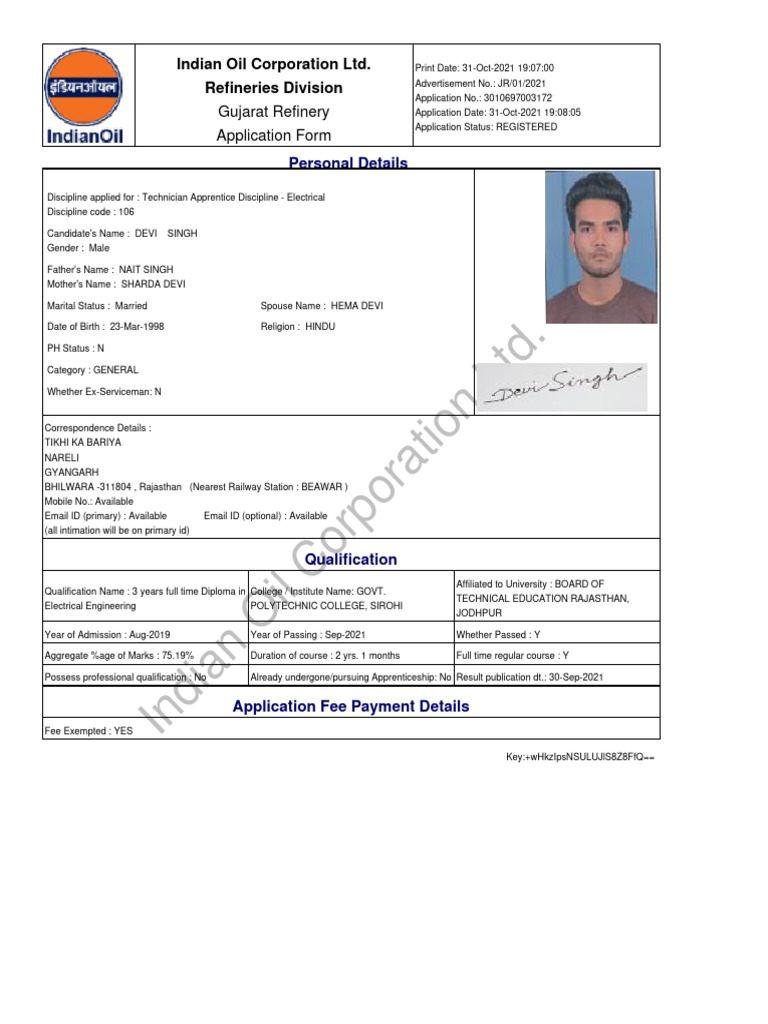 IOCL Application Form No 3010697003172 | PDF