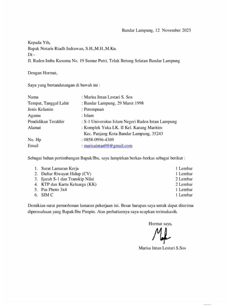 SURAT LAMARAN_MARISA_INTAN_LESTARI | PDF