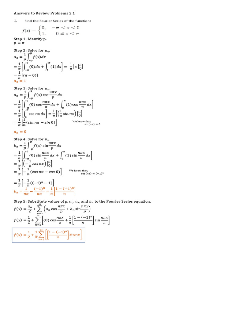 Review Problems Answers - Fourier Series | PDF Review Problems Answers - Fourier Series | PDF