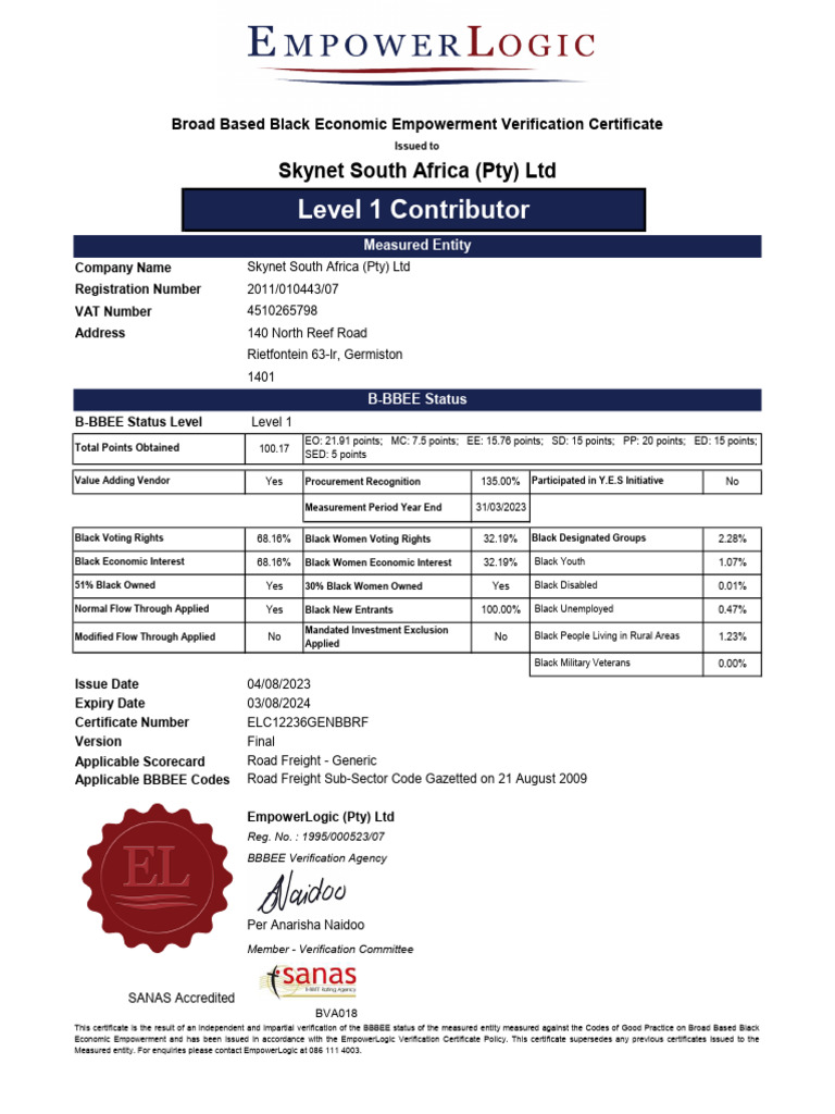 Skynet B-BBEE Level 1 Certificate 2023 | PDF | Justice | Crime & Violence