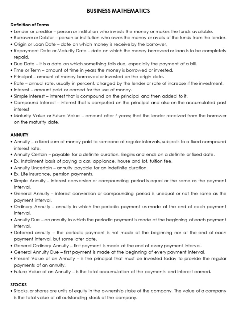 Business Mathematics Terminologies | PDF