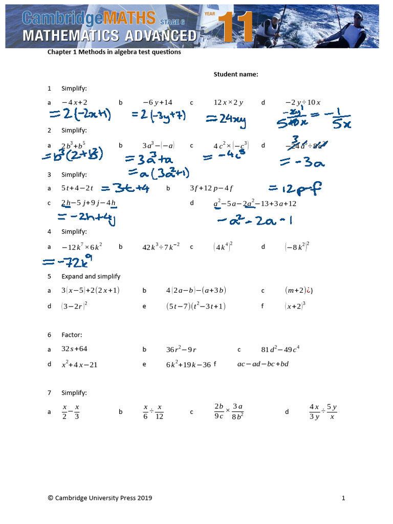 Cambridge Year 11 Advanced Chapter 1 Test | PDF | Quadratic Equation ...