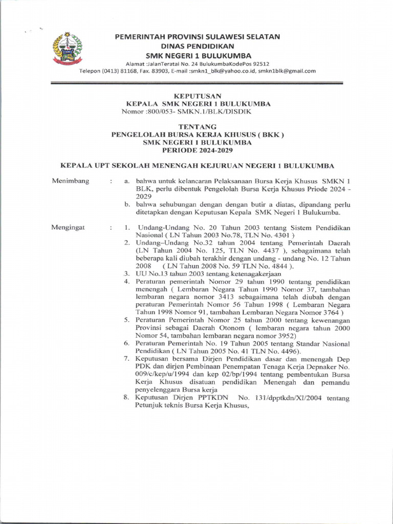 SK Pengelolah Bursa Kerja Khusus (BKK) | PDF
