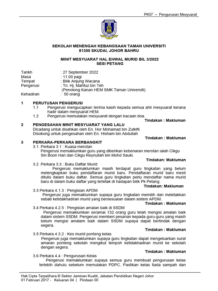 Minit Mesyuarat Hem Bil 3 2022 Sesi Petang | PDF