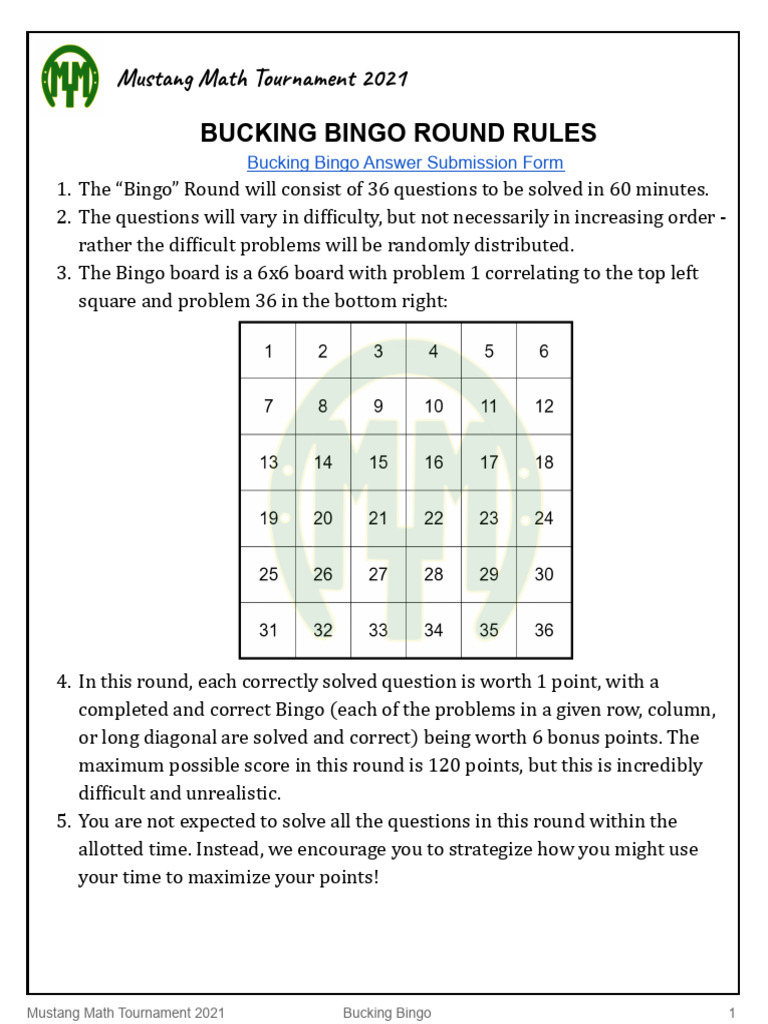 Mustang Math Tournament Bingo Rules | PDF