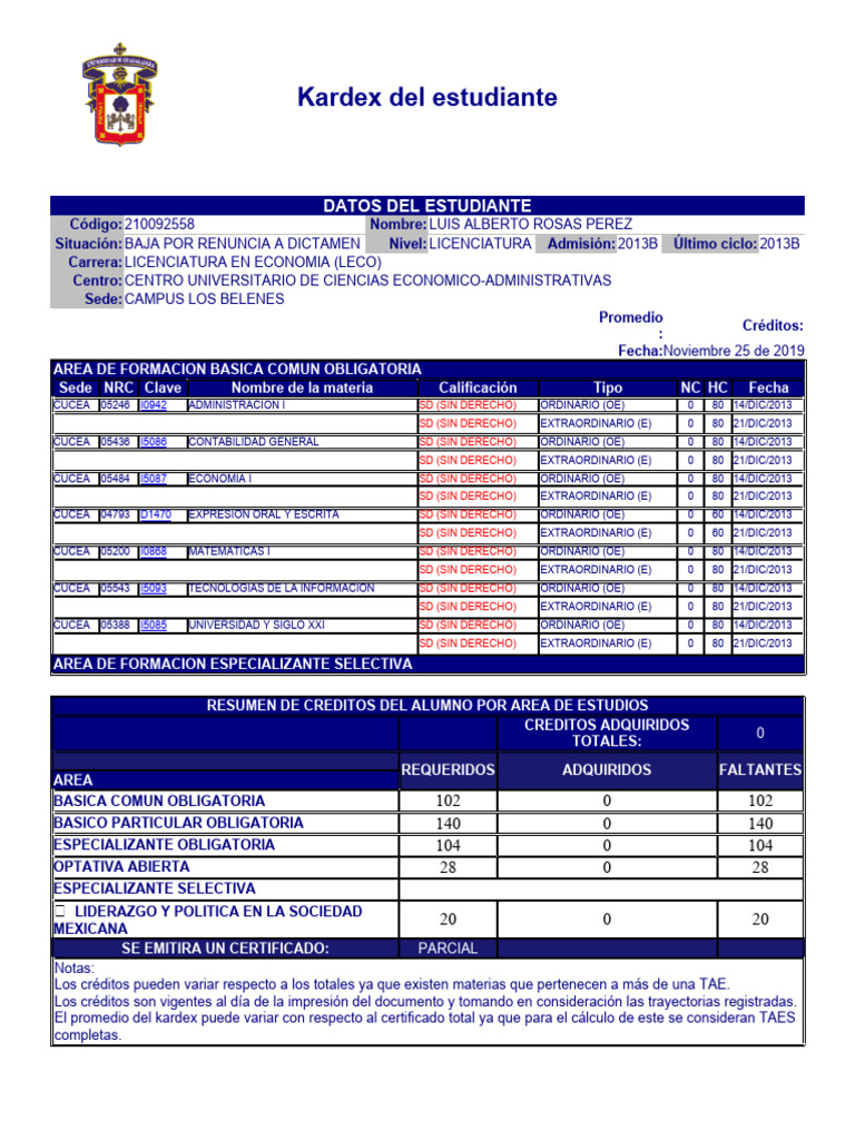 Kardex Del Estudiante | PDF