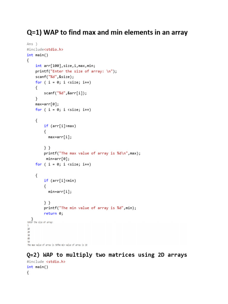 Q 1) WAP To Find Max and Min Elements in An Array | PDF