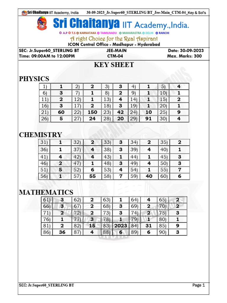 30-09-2023 - JR - Super60 - STERLING BT - Jee-Main - CTM-04 - Key & Sol's | PDF | Isomer ...