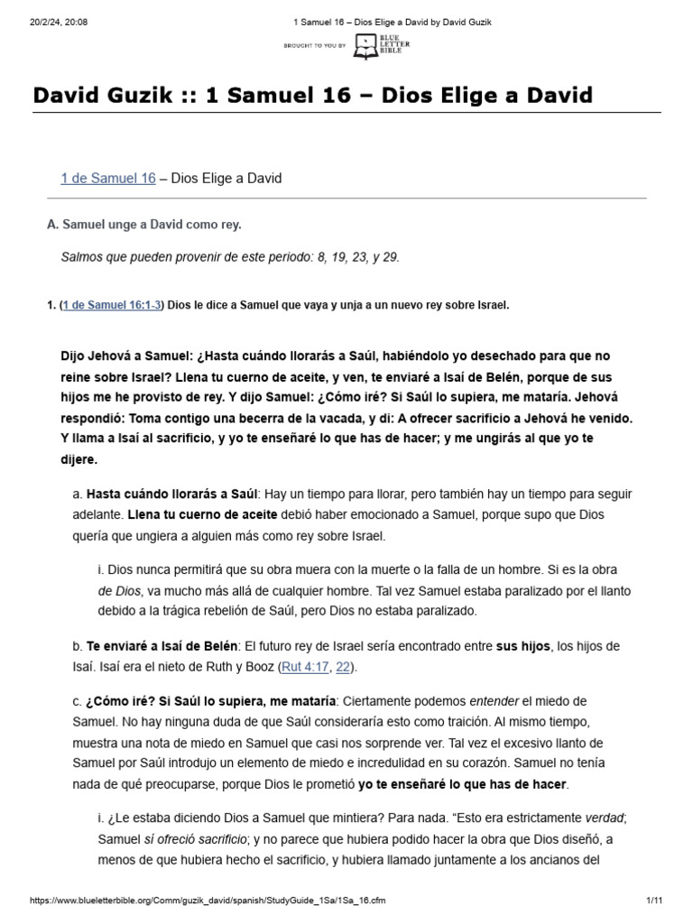 1 Samuel 16 - Dios Elige A David Esta Si | PDF | David | Saulo