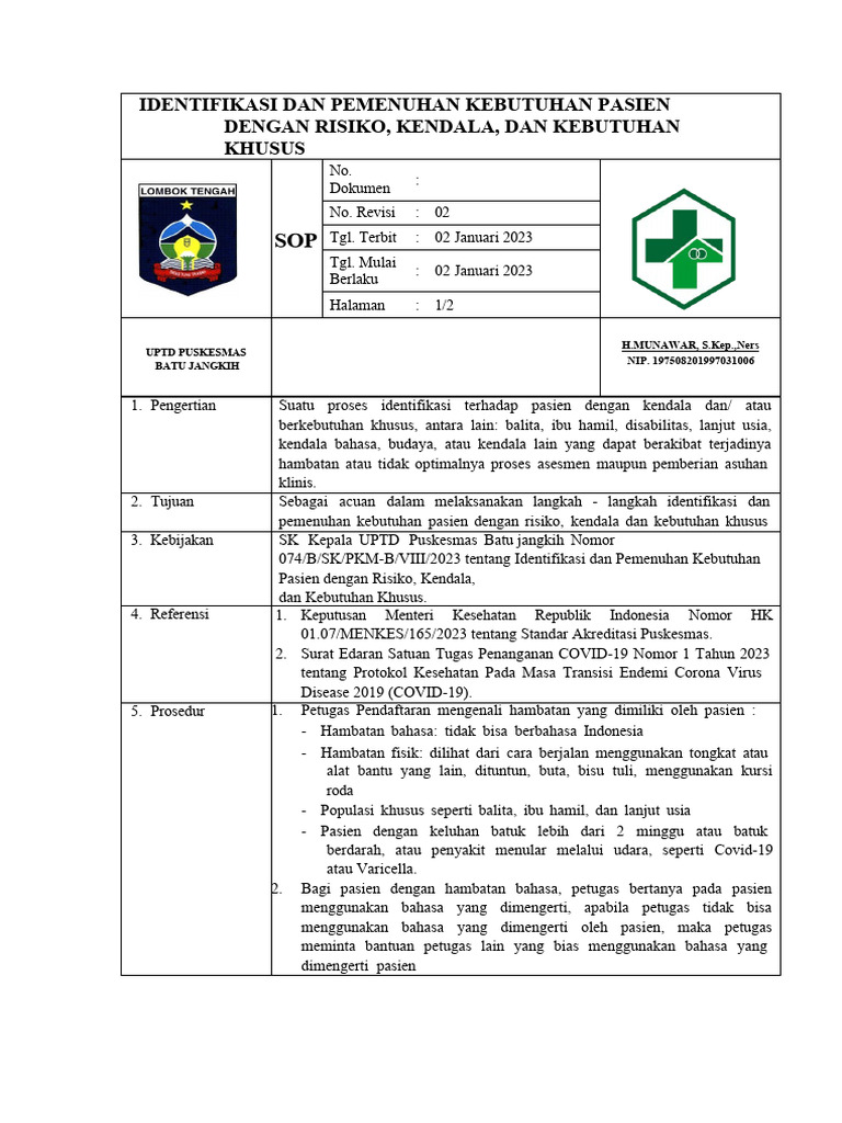 SOP Identifikasi Dan Pemenuhan Pasien Dengan Risiko, Kendala Dan Kebutuhan Khusus | PDF | Sains ...