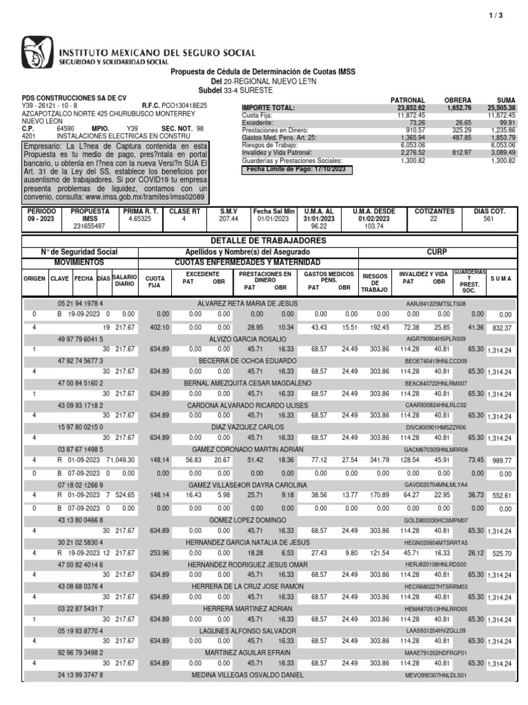 Sua Imss Septiembre 2023 PDS Construcciones | PDF | Economias