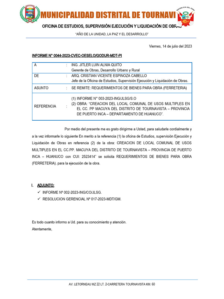 INFORME N° 0044-2023-CVEC-OESELO-GODUR-MDT-PI | PDF