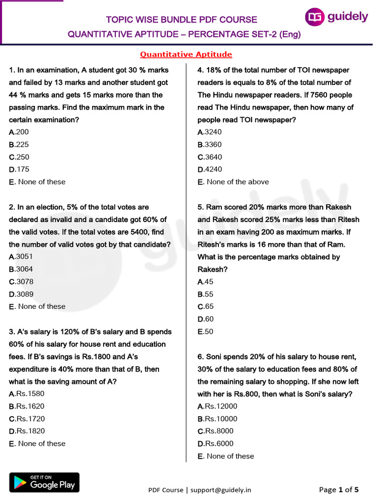 Percentage Aptitude Questions Set-2 | PDF