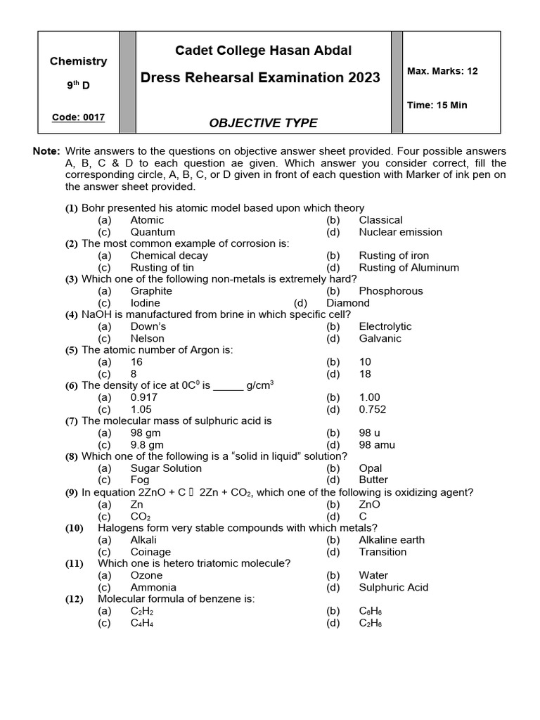 9th Grade Chemistry Exam Questions | PDF | Chemical Bond | Chemistry