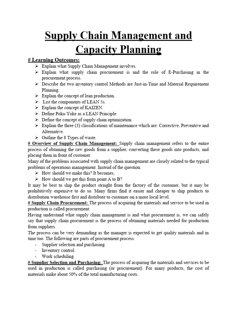 Supply Chain Management and Capacity Planning | PDF | Lean Manufacturing | Supply Chain