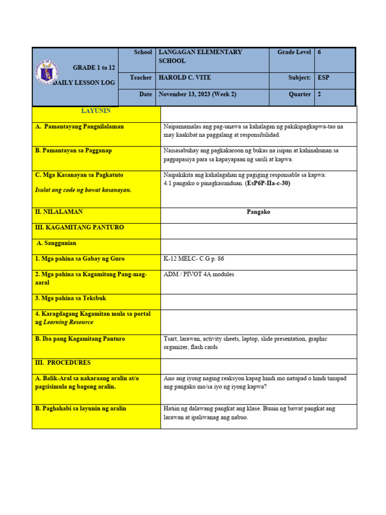 Lesson Plan in EsP 6 - Q2 | PDF