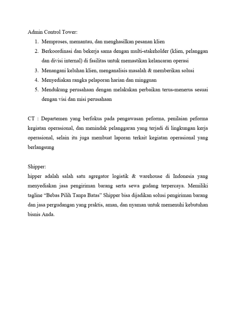 Tugas dan Fungsi Admin Control Tower | PDF