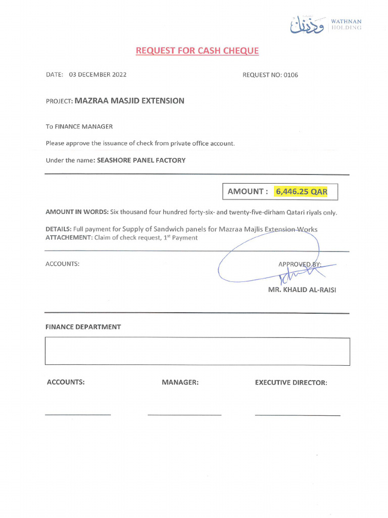 Request For Cash Cheque No. 0106 (Full Payment of Supply of Sandwich ...