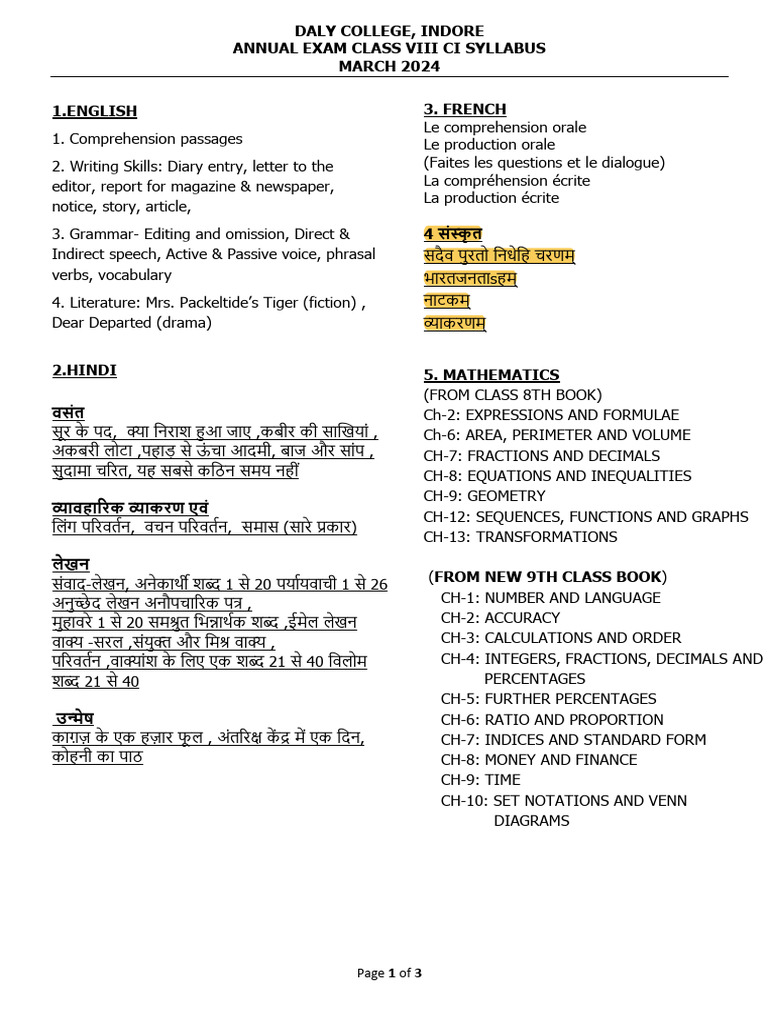 Daly College, Indore Annual Exam Class Viii Ci Syllabus MARCH 2024 1 ...