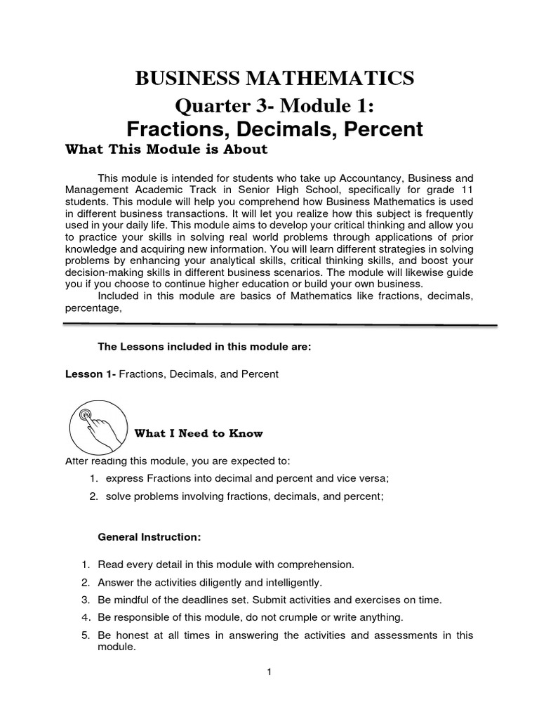 BM Q3 Module1-Fraction - Decimal.Percent | PDF | Elementary Mathematics | Mathematical Notation