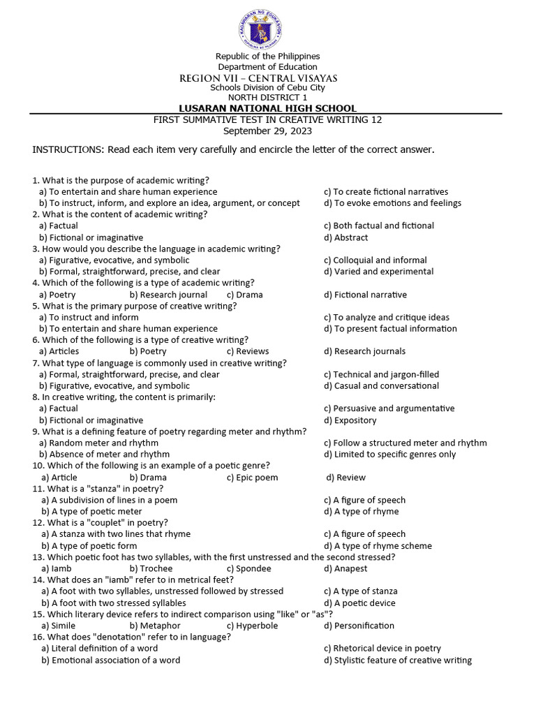 Creative Writing Test for Grade 12 | PDF | Poetry | Metre (Poetry)